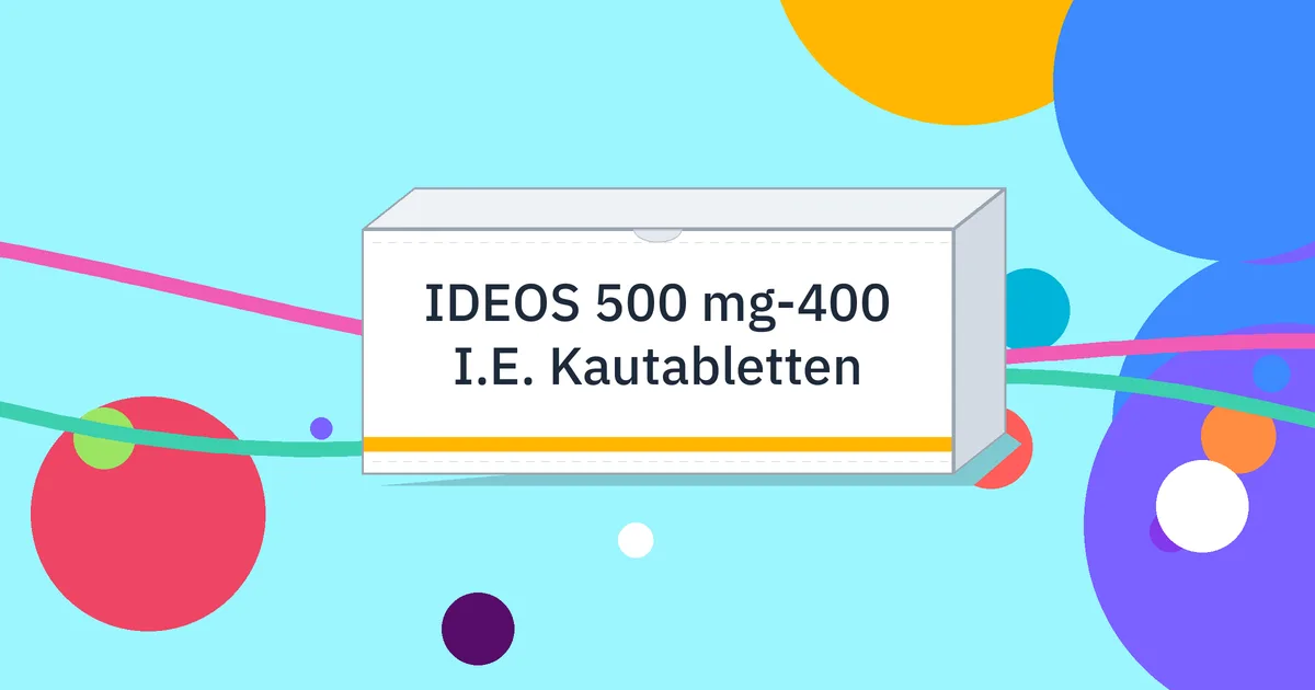 Symbolbild: Packung mit der Aufschrift IDEOS 500 mg-400 I.E. Kautabletten (PZN 12539282) – Verfügbarkeit und Bezug in Apotheken in Frankfurt am Main