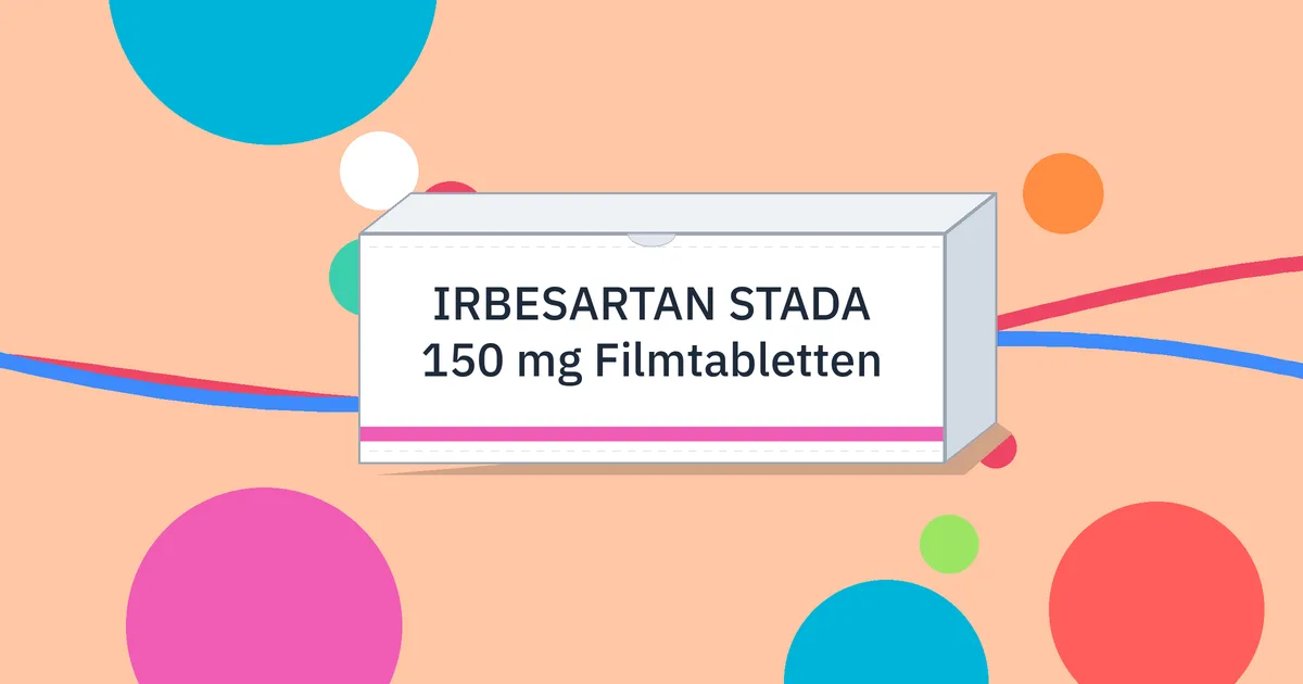 Symbolbild: Packung mit der Aufschrift IRBESARTAN STADA 150 mg Filmtabletten (PZN 09636969) – Verfügbarkeit und Bezug in Apotheken in Frankfurt am Main