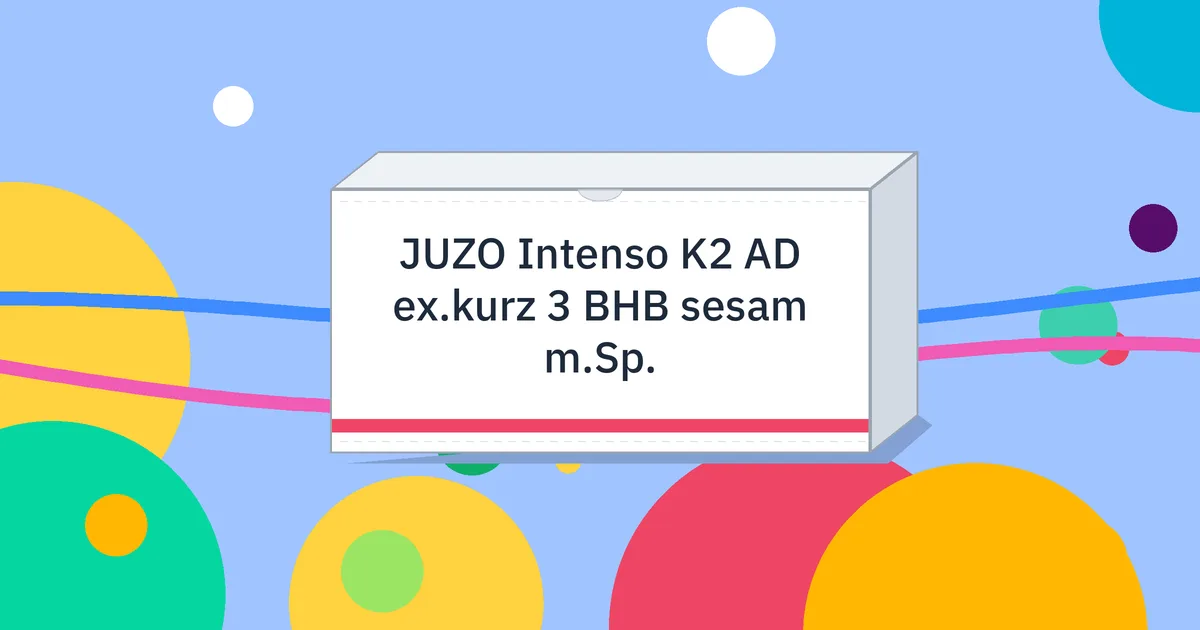 Symbolbild: Packung mit der Aufschrift JUZO Intenso K2 AD ex.kurz 3 BHB sesam m.Sp. (PZN 18615096) – Verfügbarkeit und Bezug in Apotheken in Frankfurt am Main