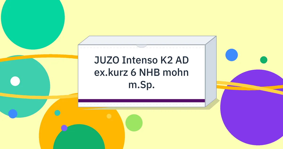 Symbolbild: Packung mit der Aufschrift JUZO Intenso K2 AD ex.kurz 6 NHB mohn m.Sp. (PZN 18611804) – Verfügbarkeit und Bezug in Apotheken in Frankfurt am Main