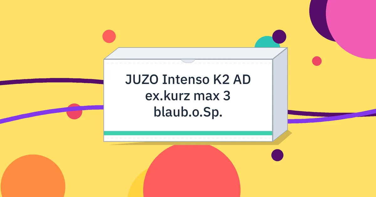 Symbolbild: Packung mit der Aufschrift JUZO Intenso K2 AD ex.kurz max 3 blaub.o.Sp. (PZN 18617534) – Verfügbarkeit und Bezug in Apotheken in Frankfurt am Main