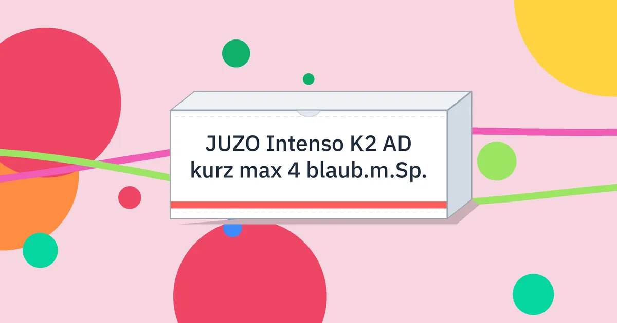 Symbolbild: Packung mit der Aufschrift JUZO Intenso K2 AD kurz max 4 blaub.m.Sp. (PZN 18608713) – Verfügbarkeit und Bezug in Apotheken in Frankfurt am Main