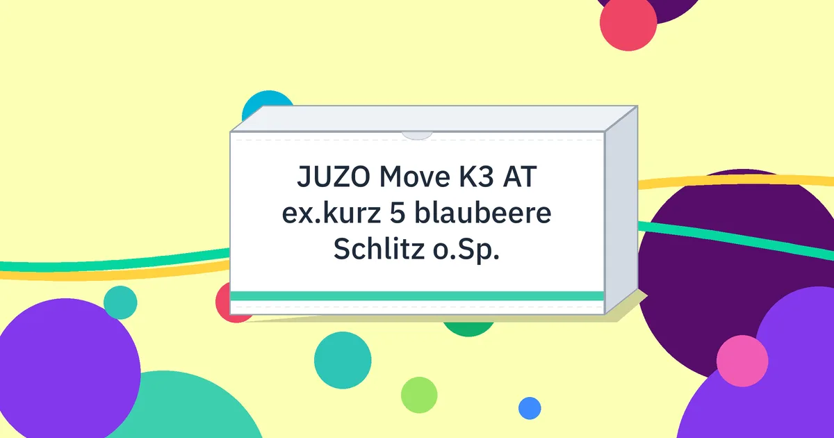 Symbolbild: Packung mit der Aufschrift JUZO Move K3 AT ex.kurz 5 blaubeere Schlitz o.Sp. (PZN 20682697) – Verfügbarkeit und Bezug in Apotheken in Frankfurt am Main
