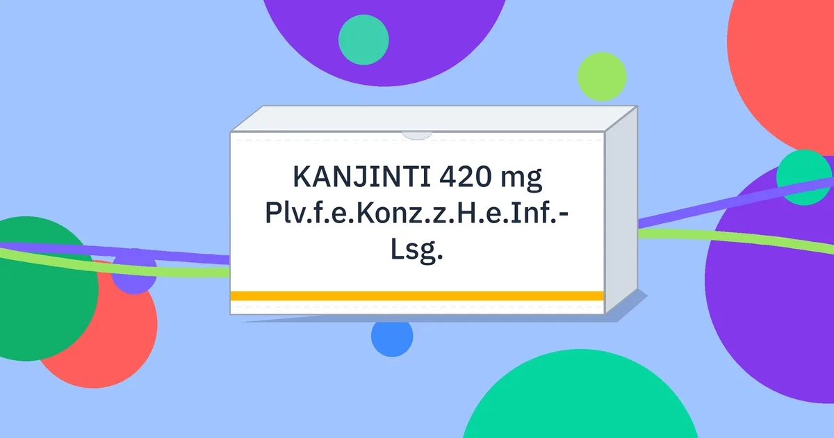 Symbolbild: Packung mit der Aufschrift KANJINTI 420 mg Plv.f.e.Konz.z.H.e.Inf.-Lsg. (PZN 13921374) – Verfügbarkeit und Bezug in Apotheken in Frankfurt am Main