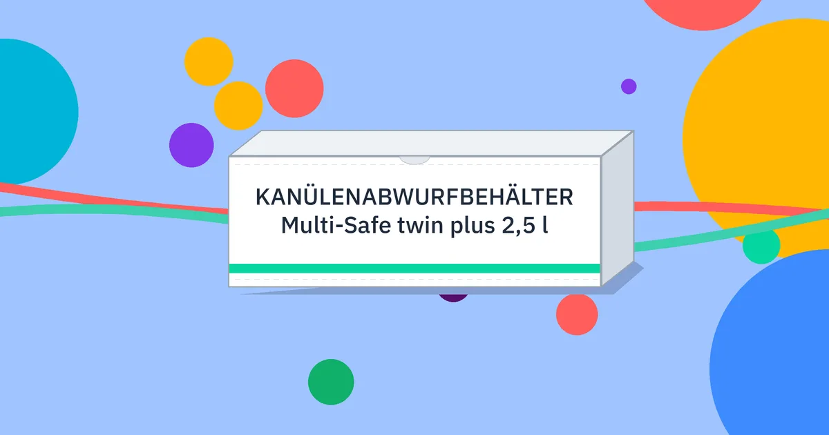Symbolbild: Packung mit der Aufschrift KANÜLENABWURFBEHÄLTER Multi-Safe twin plus 2,5 l (PZN 18197109) – Verfügbarkeit und Bezug in Apotheken in Frankfurt am Main