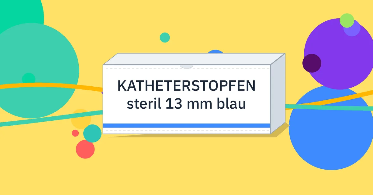 Symbolbild: Packung mit der Aufschrift KATHETERSTOPFEN steril 13 mm blau (PZN 09313947) – Verfügbarkeit und Bezug in Apotheken in Frankfurt am Main