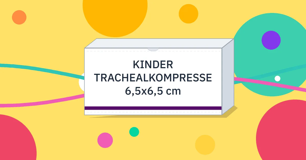 Symbolbild: Packung mit der Aufschrift KINDER TRACHEALKOMPRESSE 6,5x6,5 cm (PZN 16034165) – Verfügbarkeit und Bezug in Apotheken in Frankfurt am Main