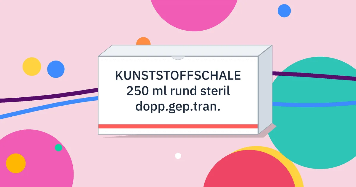 Symbolbild: Packung mit der Aufschrift KUNSTSTOFFSCHALE 250 ml rund steril dopp.gep.tran. (PZN 19230286) – Verfügbarkeit und Bezug in Apotheken in Frankfurt am Main