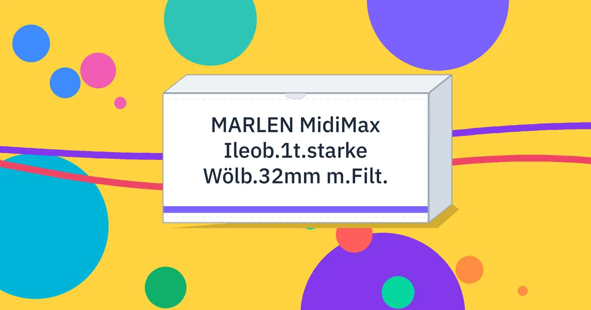 Symbolbild: Packung mit der Aufschrift MARLEN MidiMax Ileob.1t.starke Wölb.32mm m.Filt. (PZN 16658322) – Verfügbarkeit und Bezug in Apotheken in Frankfurt am Main