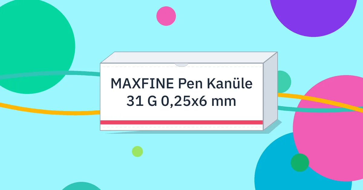 Symbolbild: Packung mit der Aufschrift MAXFINE Pen Kanüle 31 G 0,25x6 mm (PZN 08844275) – Verfügbarkeit und Bezug in Apotheken in Frankfurt am Main