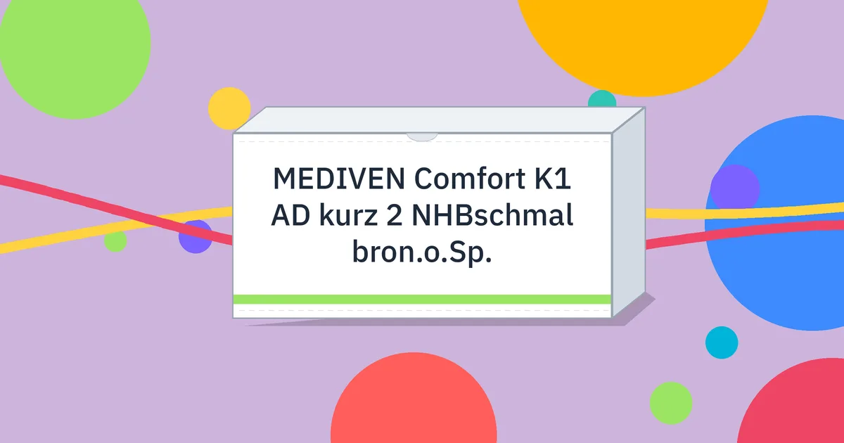 Symbolbild: Packung mit der Aufschrift MEDIVEN Comfort K1 AD kurz 2 NHBschmal bron.o.Sp. (PZN 14557806) – Verfügbarkeit und Bezug in Apotheken in Frankfurt am Main