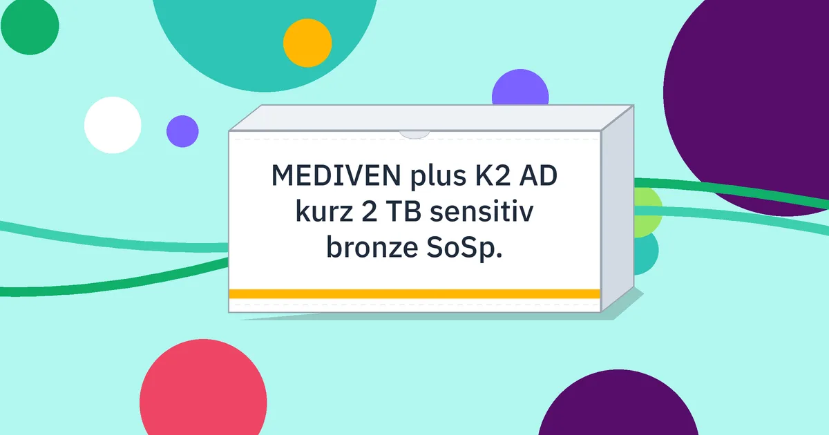 Symbolbild: Packung mit der Aufschrift MEDIVEN plus K2 AD kurz 2 TB sensitiv bronze SoSp. (PZN 15106862) – Verfügbarkeit und Bezug in Apotheken in Frankfurt am Main