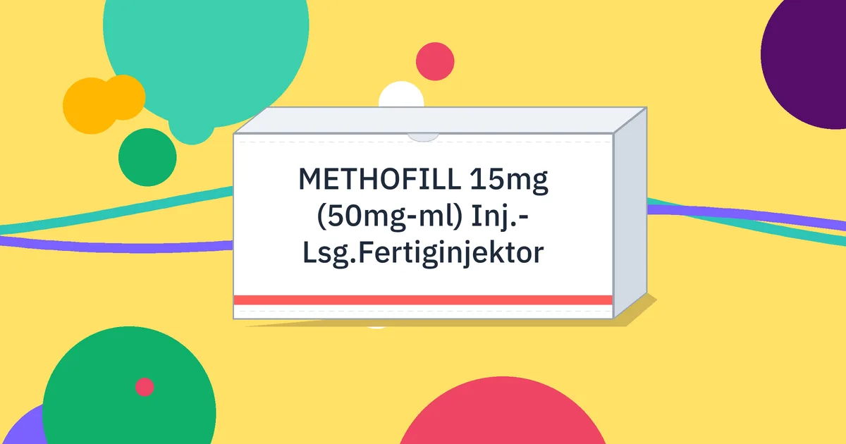 Symbolbild: Packung mit der Aufschrift METHOFILL 15mg (50mg-ml) Inj.-Lsg.Fertiginjektor (PZN 18660843) – Verfügbarkeit und Bezug in Apotheken in Frankfurt am Main