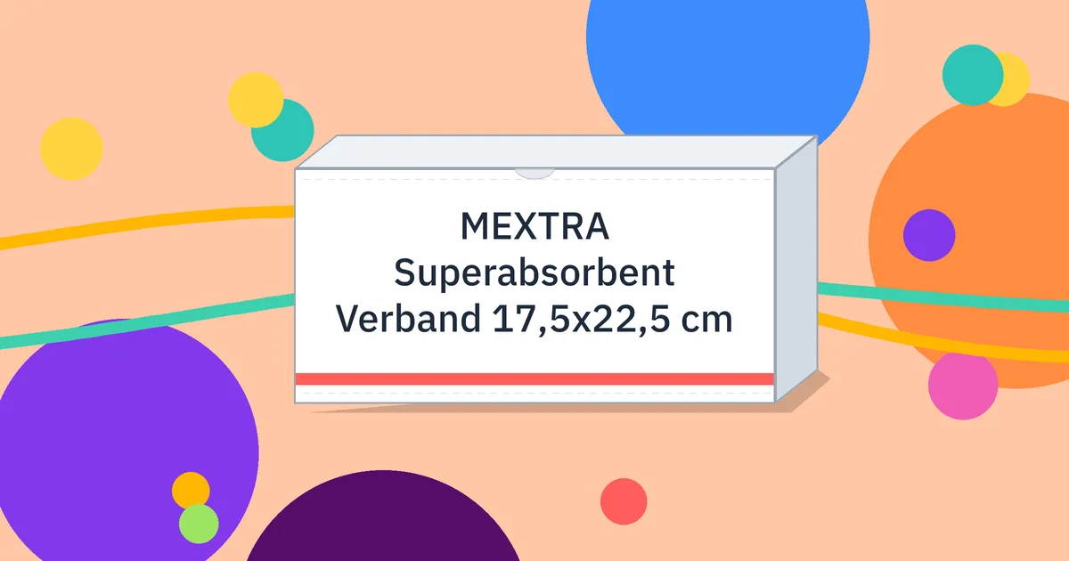 Symbolbild: Packung mit der Aufschrift MEXTRA Superabsorbent Verband 17,5x22,5 cm (PZN 14269941) – Verfügbarkeit und Bezug in Apotheken in Frankfurt am Main