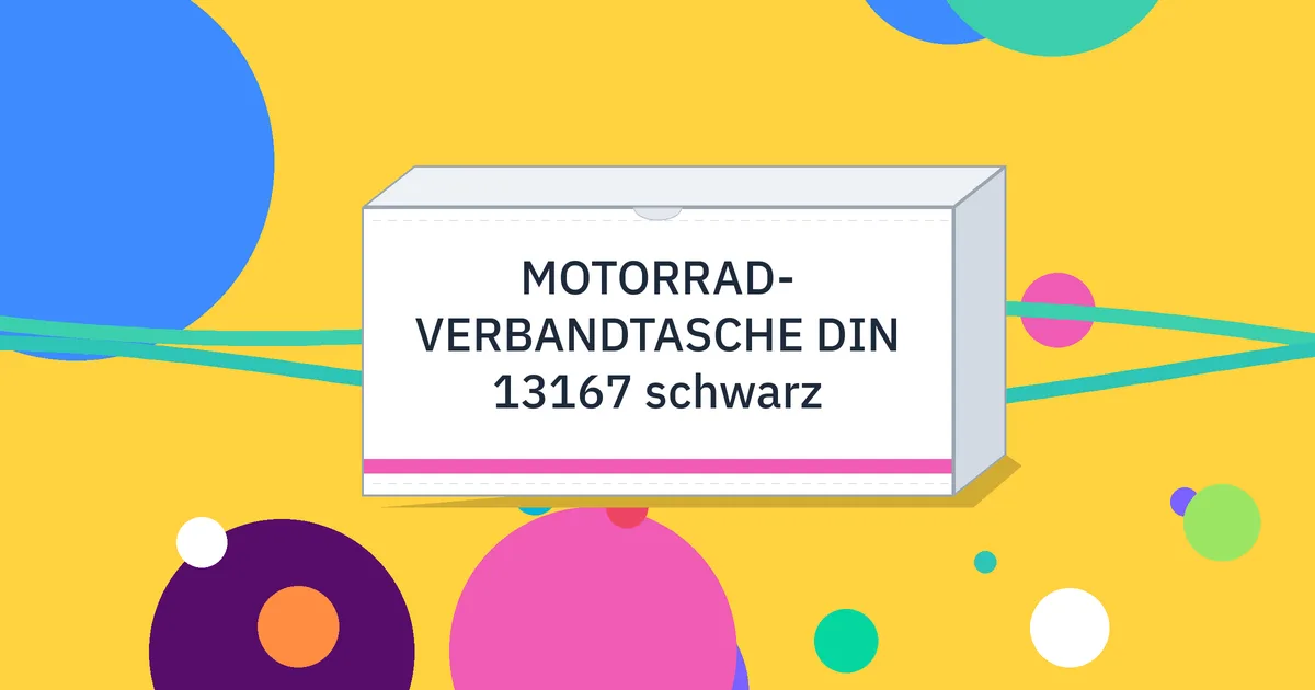 Symbolbild: Packung mit der Aufschrift MOTORRAD-VERBANDTASCHE DIN 13167 schwarz (PZN 13572790) – Verfügbarkeit und Bezug in Apotheken in Frankfurt am Main