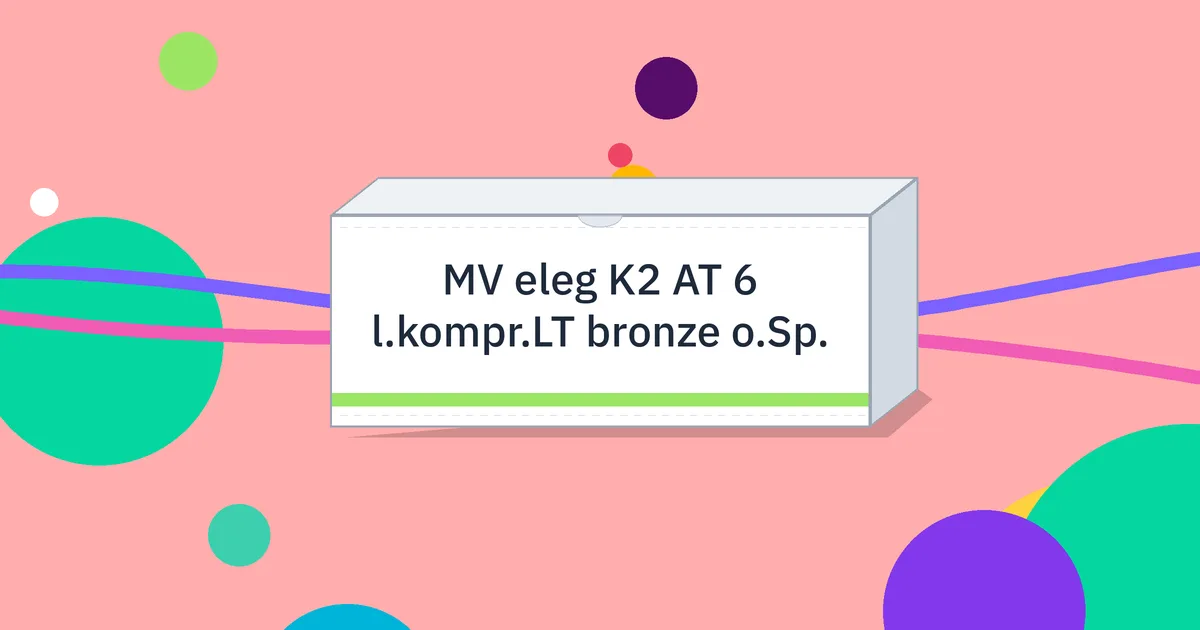 Symbolbild: Packung mit der Aufschrift MV eleg K2 AT 6 l.kompr.LT bronze o.Sp. (PZN 15285221) – Verfügbarkeit und Bezug in Apotheken in Frankfurt am Main