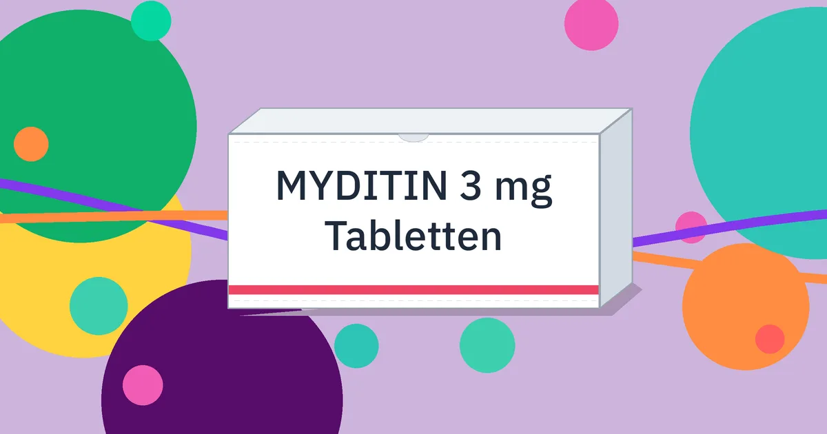 Symbolbild: Packung mit der Aufschrift MYDITIN 3 mg Tabletten (PZN 15198278) – Verfügbarkeit und Bezug in Apotheken in Frankfurt am Main