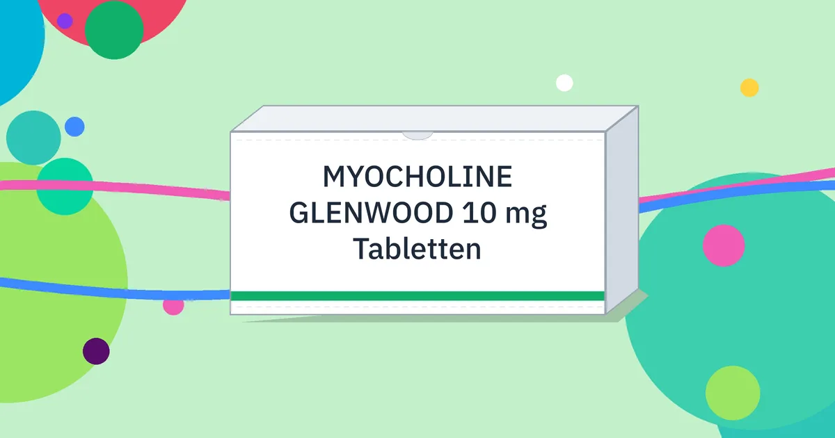 Symbolbild: Packung mit der Aufschrift MYOCHOLINE GLENWOOD 10 mg Tabletten (PZN 06983400) – Verfügbarkeit und Bezug in Apotheken in Frankfurt am Main