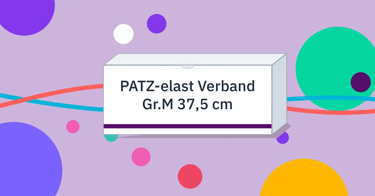 Symbolbild: Packung mit der Aufschrift PATZ-elast Verband Gr.M 37,5 cm (PZN 06815298) – Verfügbarkeit und Bezug in Apotheken in Frankfurt am Main