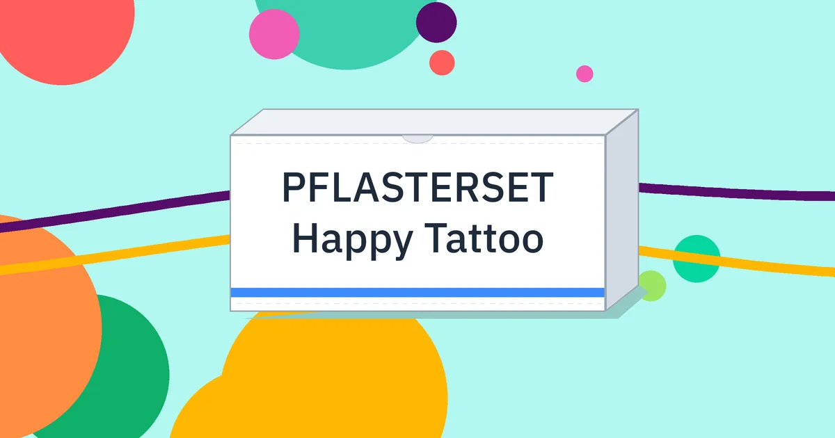 Symbolbild: Packung mit der Aufschrift PFLASTERSET Happy Tattoo (PZN 05385364) – Verfügbarkeit und Bezug in Apotheken in Frankfurt am Main