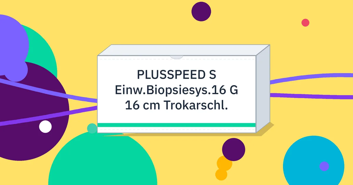 Symbolbild: Packung mit der Aufschrift PLUSSPEED S Einw.Biopsiesys.16 G 16 cm Trokarschl. (PZN 14258222) – Verfügbarkeit und Bezug in Apotheken in Frankfurt am Main