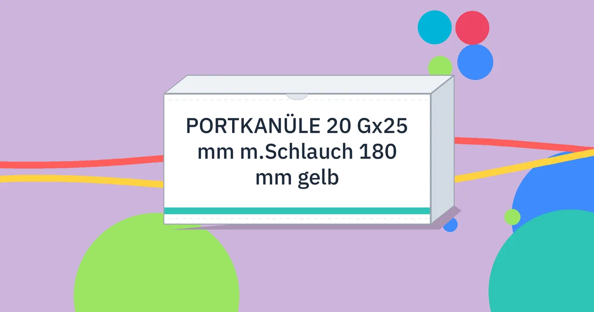 Symbolbild: Packung mit der Aufschrift PORTKANÜLE 20 Gx25 mm m.Schlauch 180 mm gelb (PZN 14286862) – Verfügbarkeit und Bezug in Apotheken in Frankfurt am Main