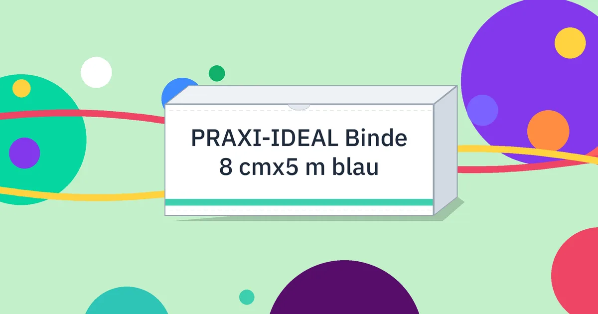 Symbolbild: Packung mit der Aufschrift PRAXI-IDEAL Binde 8 cmx5 m blau (PZN 12826745) – Verfügbarkeit und Bezug in Apotheken in Frankfurt am Main