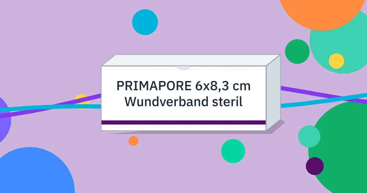 Symbolbild: Packung mit der Aufschrift PRIMAPORE 6x8,3 cm Wundverband steril (PZN 03305728) – Verfügbarkeit und Bezug in Apotheken in Frankfurt am Main