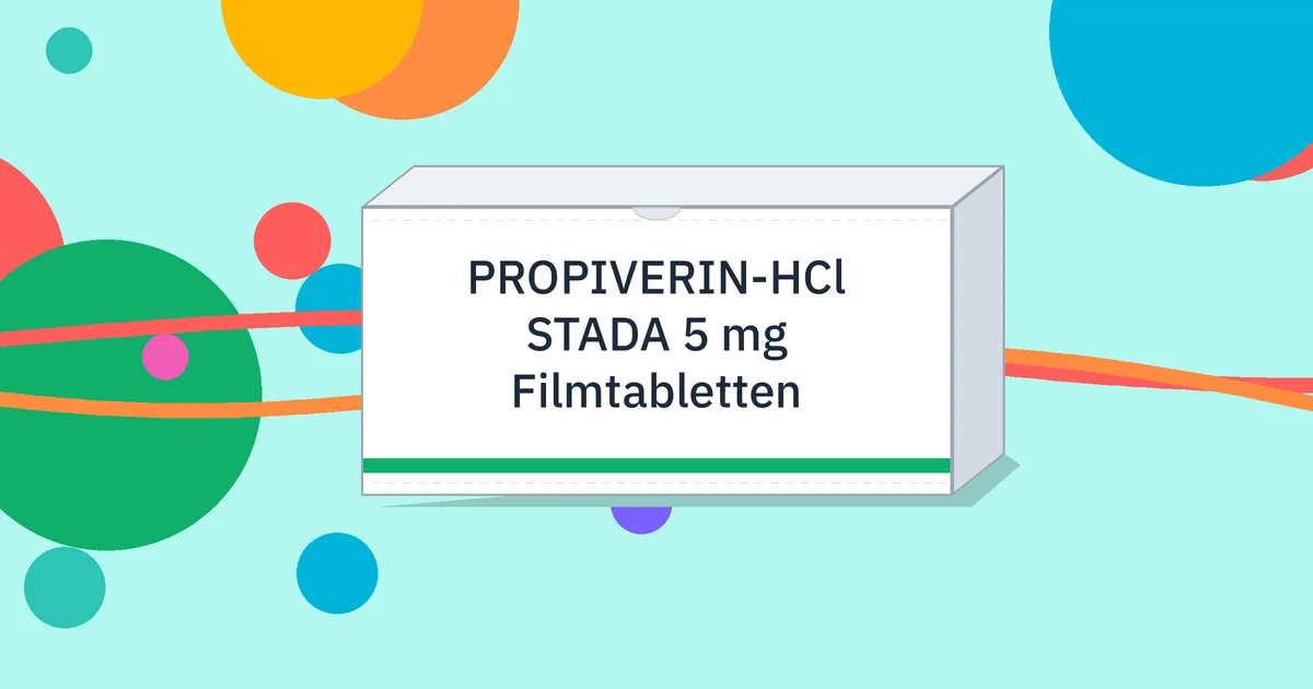Symbolbild: Packung mit der Aufschrift PROPIVERIN-HCl STADA 5 mg Filmtabletten (PZN 17971699) – Verfügbarkeit und Bezug in Apotheken in Frankfurt am Main
