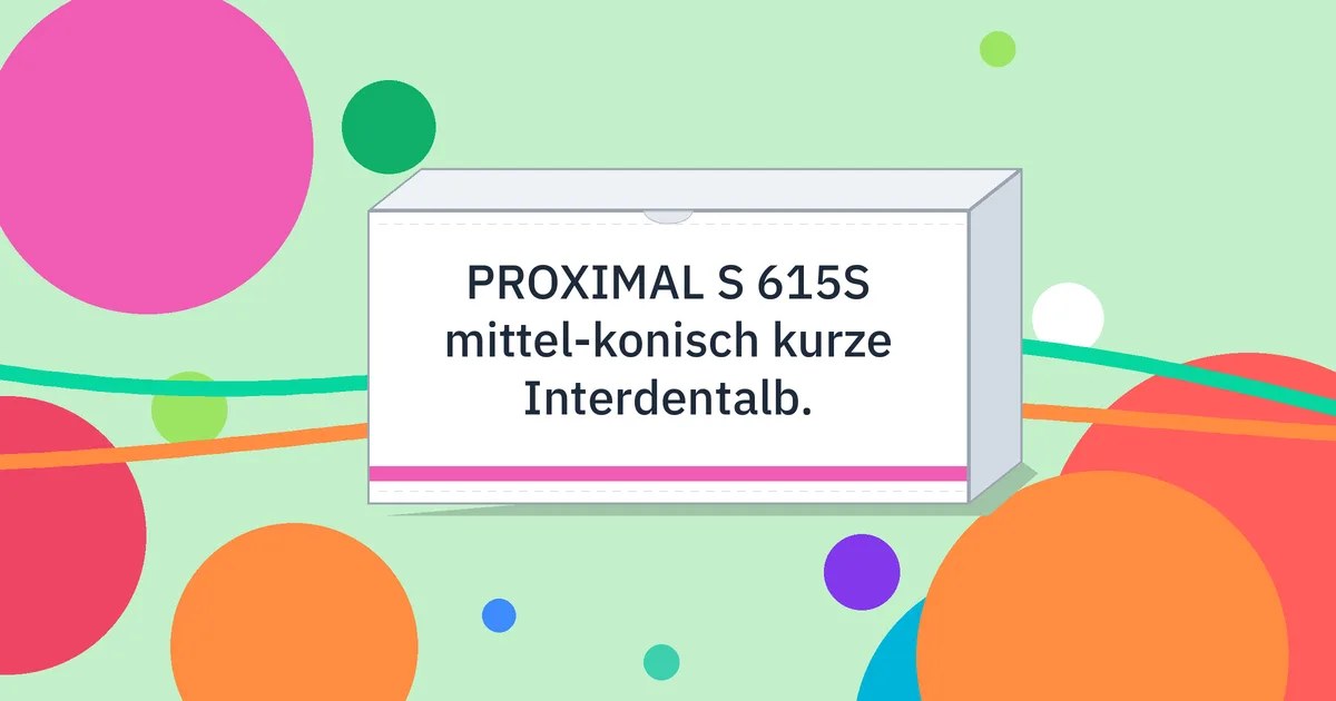 Symbolbild: Packung mit der Aufschrift PROXIMAL S 615S mittel-konisch kurze Interdentalb. (PZN 01355053) – Verfügbarkeit und Bezug in Apotheken in Frankfurt am Main