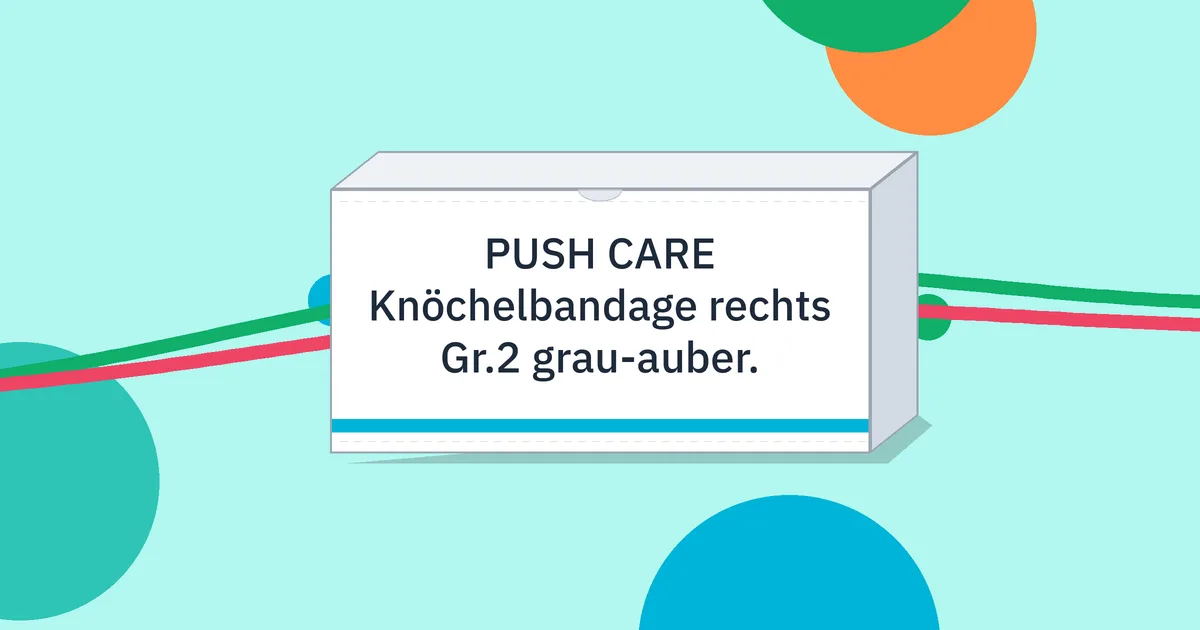 Symbolbild: Packung mit der Aufschrift PUSH CARE Knöchelbandage rechts Gr.2 grau-auber. (PZN 04856382) – Verfügbarkeit und Bezug in Apotheken in Frankfurt am Main