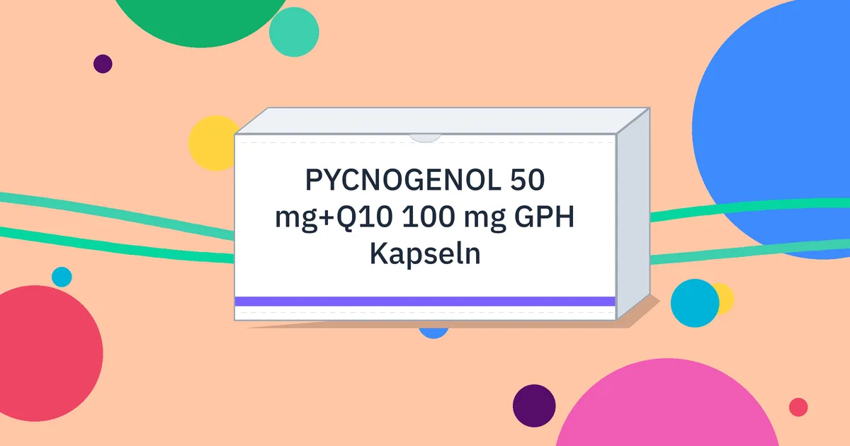 Symbolbild: Packung mit der Aufschrift PYCNOGENOL 50 mg+Q10 100 mg GPH Kapseln (PZN 01161107) – Verfügbarkeit und Bezug in Apotheken in Frankfurt am Main