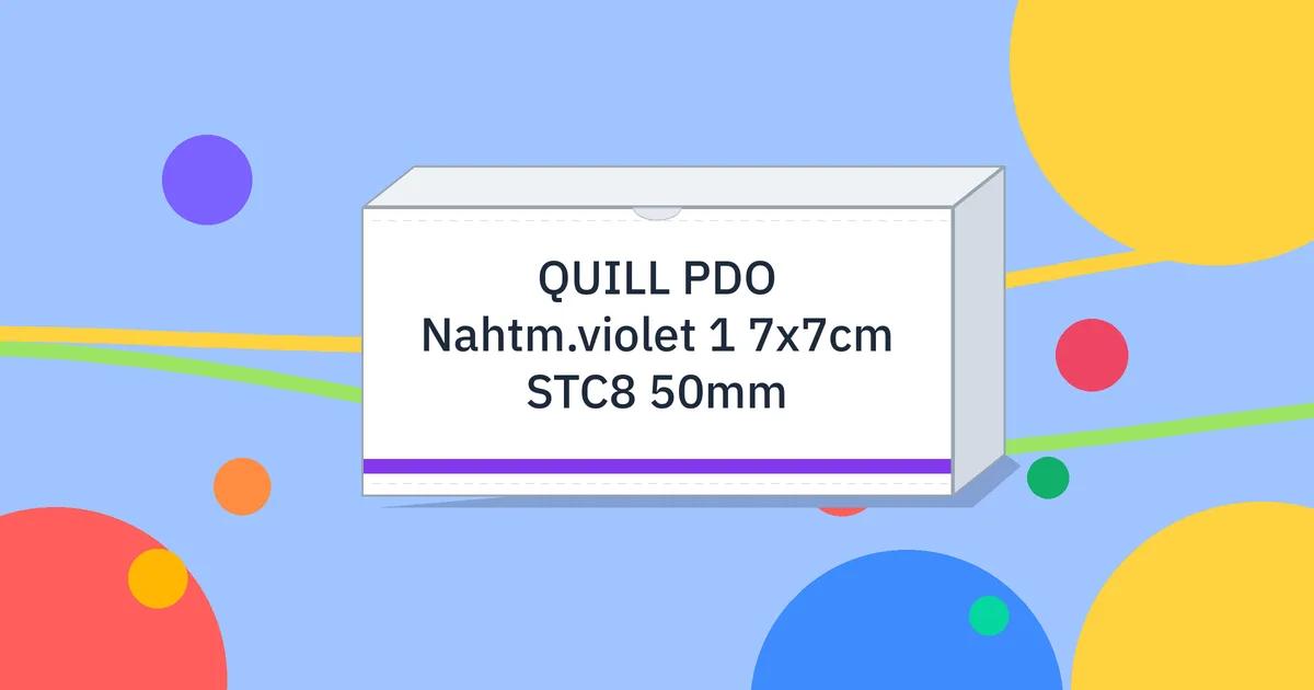 Symbolbild: Packung mit der Aufschrift QUILL PDO Nahtm.violet 1 7x7cm STC8 50mm (PZN 17989475) – Verfügbarkeit und Bezug in Apotheken in Frankfurt am Main