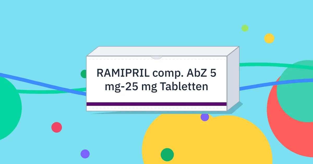 Symbolbild: Packung mit der Aufschrift RAMIPRIL comp. AbZ 5 mg-25 mg Tabletten (PZN 01755692) – Verfügbarkeit und Bezug in Apotheken in Frankfurt am Main