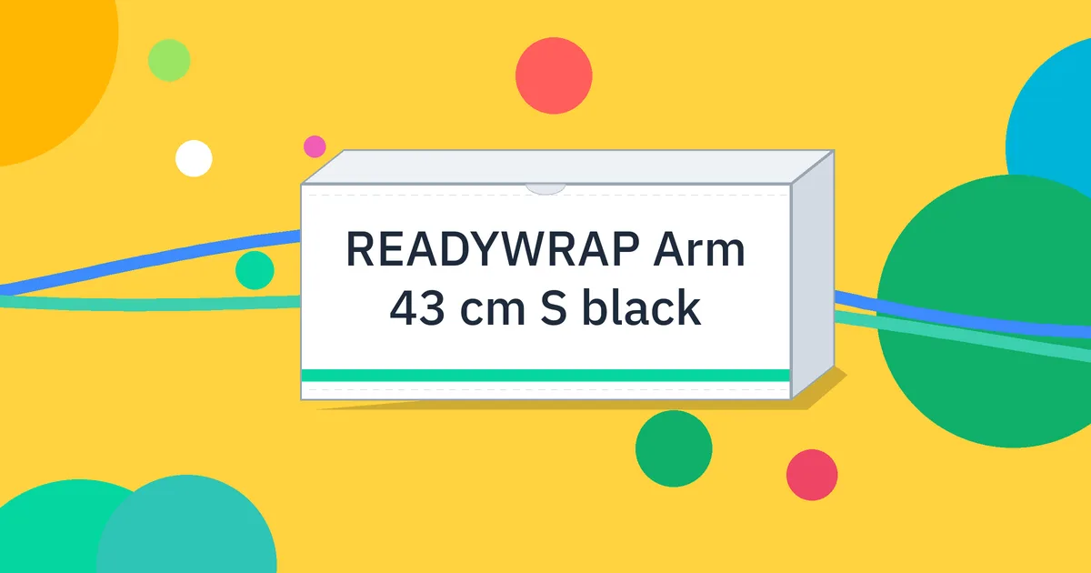 Symbolbild: Packung mit der Aufschrift READYWRAP Arm 43 cm S black (PZN 16567358) – Verfügbarkeit und Bezug in Apotheken in Frankfurt am Main