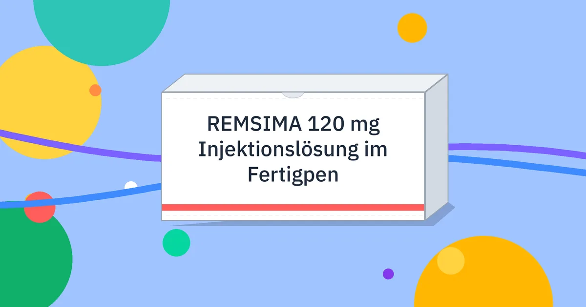 Symbolbild: Packung mit der Aufschrift REMSIMA 120 mg Injektionslösung im Fertigpen (PZN 18494244) – Verfügbarkeit und Bezug in Apotheken in Frankfurt am Main