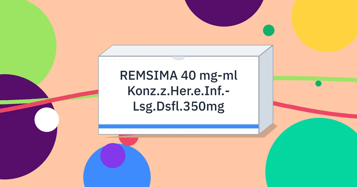 Symbolbild: Packung mit der Aufschrift REMSIMA 40 mg-ml Konz.z.Her.e.Inf.-Lsg.Dsfl.350mg (PZN 20509740) – Verfügbarkeit und Bezug in Apotheken in Frankfurt am Main
