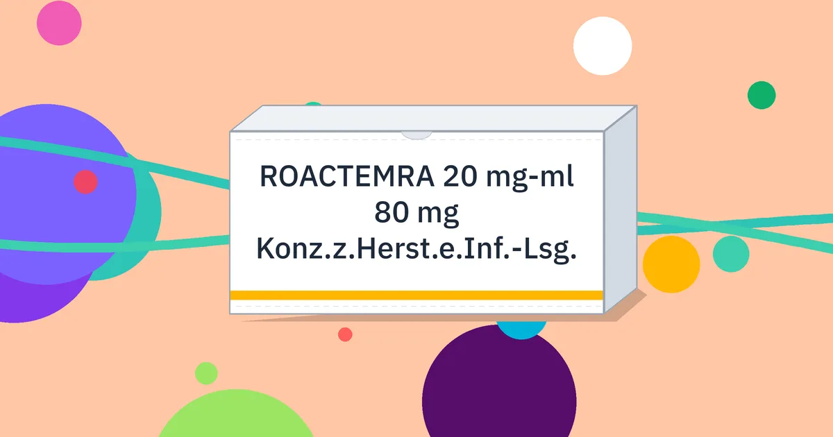Symbolbild: Packung mit der Aufschrift ROACTEMRA 20 mg-ml 80 mg Konz.z.Herst.e.Inf.-Lsg. (PZN 20005867) – Verfügbarkeit und Bezug in Apotheken in Frankfurt am Main