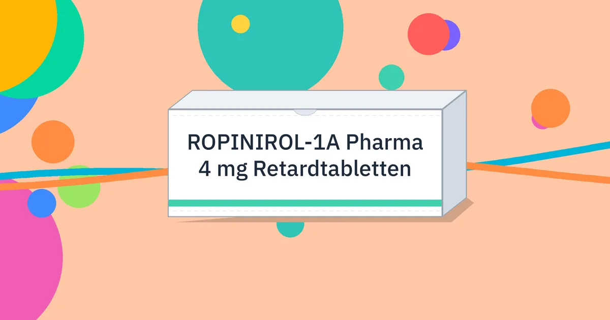 Symbolbild: Packung mit der Aufschrift ROPINIROL-1A Pharma 4 mg Retardtabletten (PZN 09080667) – Verfügbarkeit und Bezug in Apotheken in Frankfurt am Main