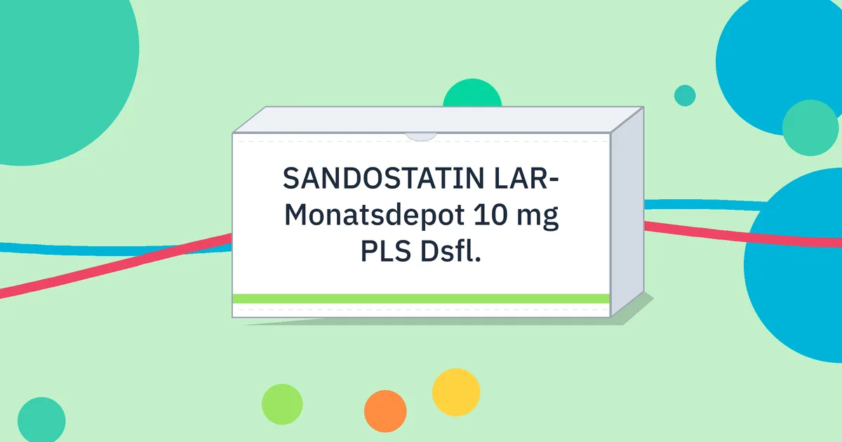 Symbolbild: Packung mit der Aufschrift SANDOSTATIN LAR-Monatsdepot 10 mg PLS Dsfl. (PZN 02364640) – Verfügbarkeit und Bezug in Apotheken in Frankfurt am Main