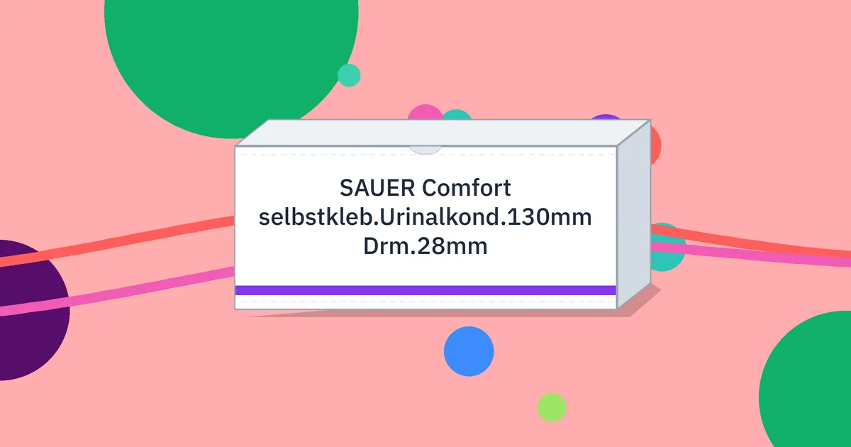 Symbolbild: Packung mit der Aufschrift SAUER Comfort selbstkleb.Urinalkond.130mm Drm.28mm (PZN 00464225) – Verfügbarkeit und Bezug in Apotheken in Frankfurt am Main
