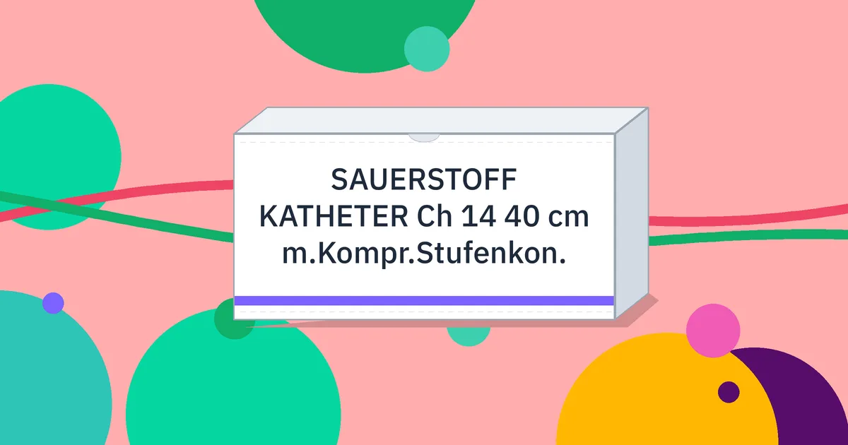 Symbolbild: Packung mit der Aufschrift SAUERSTOFF KATHETER Ch 14 40 cm m.Kompr.Stufenkon. (PZN 12309777) – Verfügbarkeit und Bezug in Apotheken in Frankfurt am Main