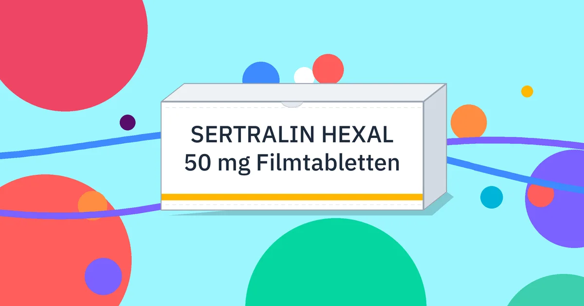 Symbolbild: Packung mit der Aufschrift SERTRALIN HEXAL 50 mg Filmtabletten (PZN 04086990) – Verfügbarkeit und Bezug in Apotheken in Frankfurt am Main