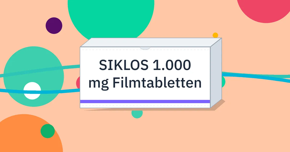 Symbolbild: Packung mit der Aufschrift SIKLOS 1.000 mg Filmtabletten (PZN 16129517) – Verfügbarkeit und Bezug in Apotheken in Frankfurt am Main