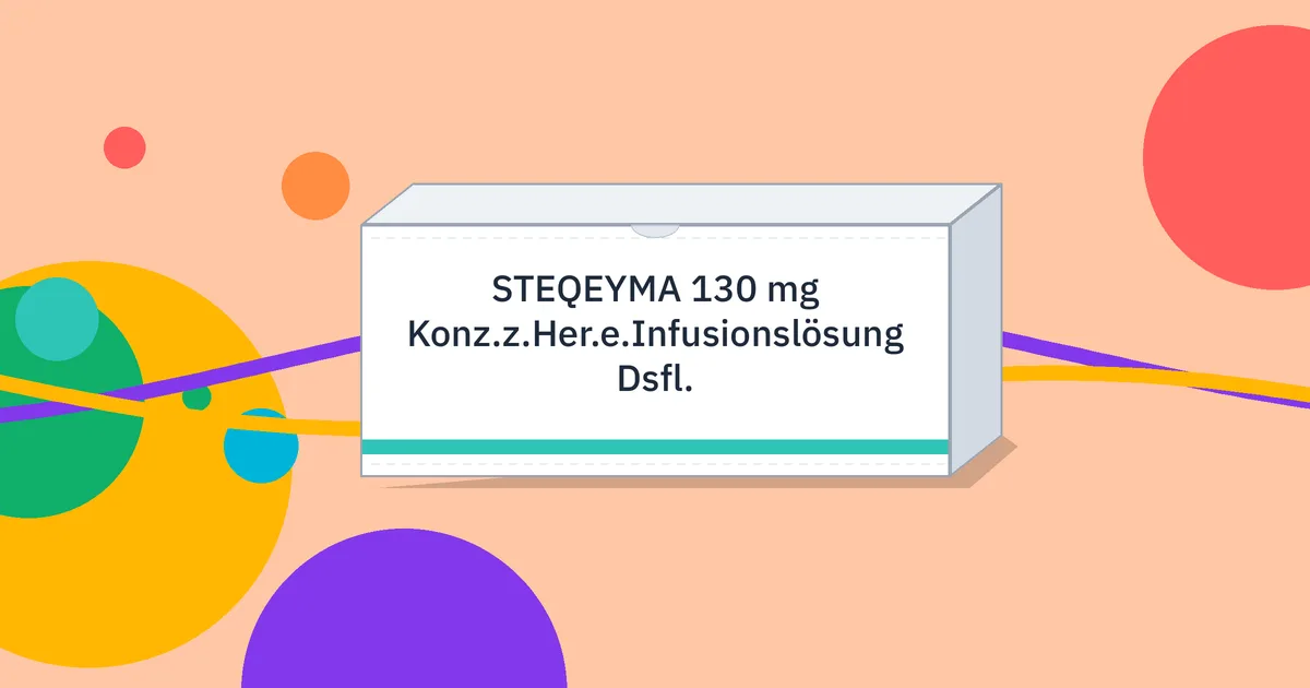 Symbolbild: Packung mit der Aufschrift STEQEYMA 130 mg Konz.z.Her.e.Infusionslösung Dsfl. (PZN 19785601) – Verfügbarkeit und Bezug in Apotheken in Frankfurt am Main