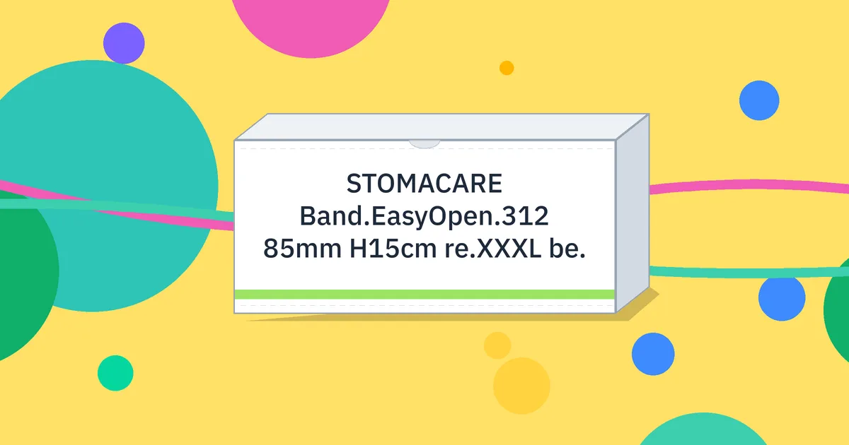 Symbolbild: Packung mit der Aufschrift STOMACARE Band.EasyOpen.312 85mm H15cm re.XXXL be. (PZN 09437974) – Verfügbarkeit und Bezug in Apotheken in Frankfurt am Main
