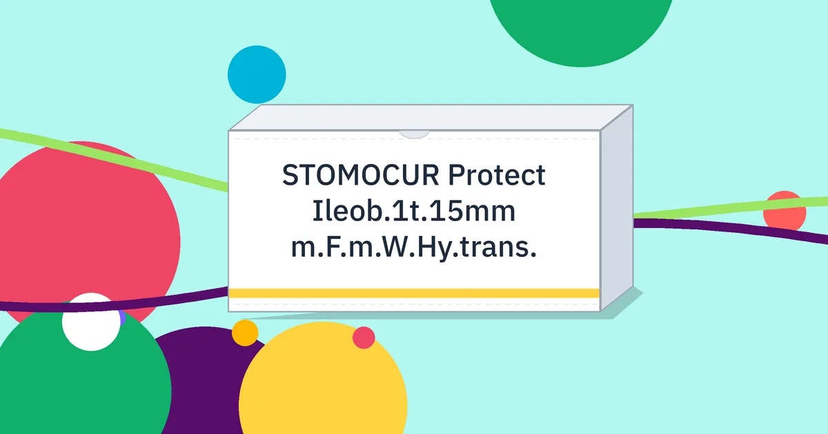 Symbolbild: Packung mit der Aufschrift STOMOCUR Protect Ileob.1t.15mm m.F.m.W.Hy.trans. (PZN 16134174) – Verfügbarkeit und Bezug in Apotheken in Frankfurt am Main