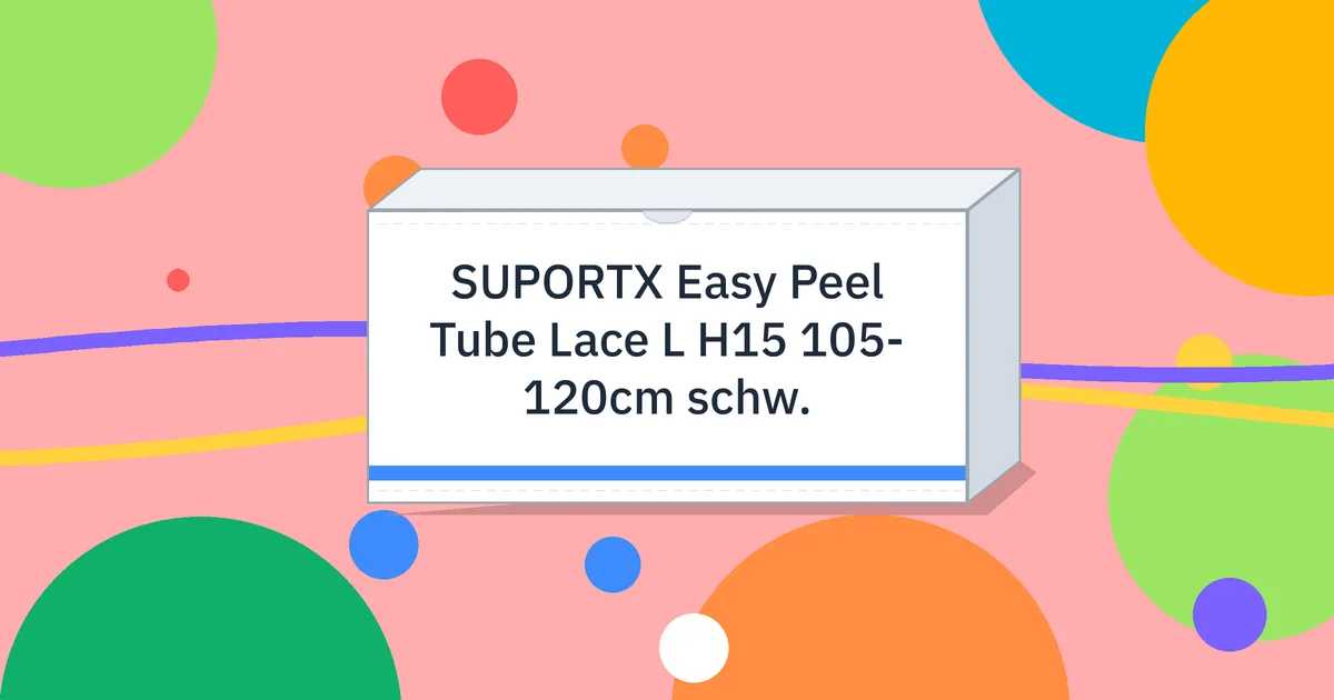 Symbolbild: Packung mit der Aufschrift SUPORTX Easy Peel Tube Lace L H15 105-120cm schw. (PZN 09486889) – Verfügbarkeit und Bezug in Apotheken in Frankfurt am Main
