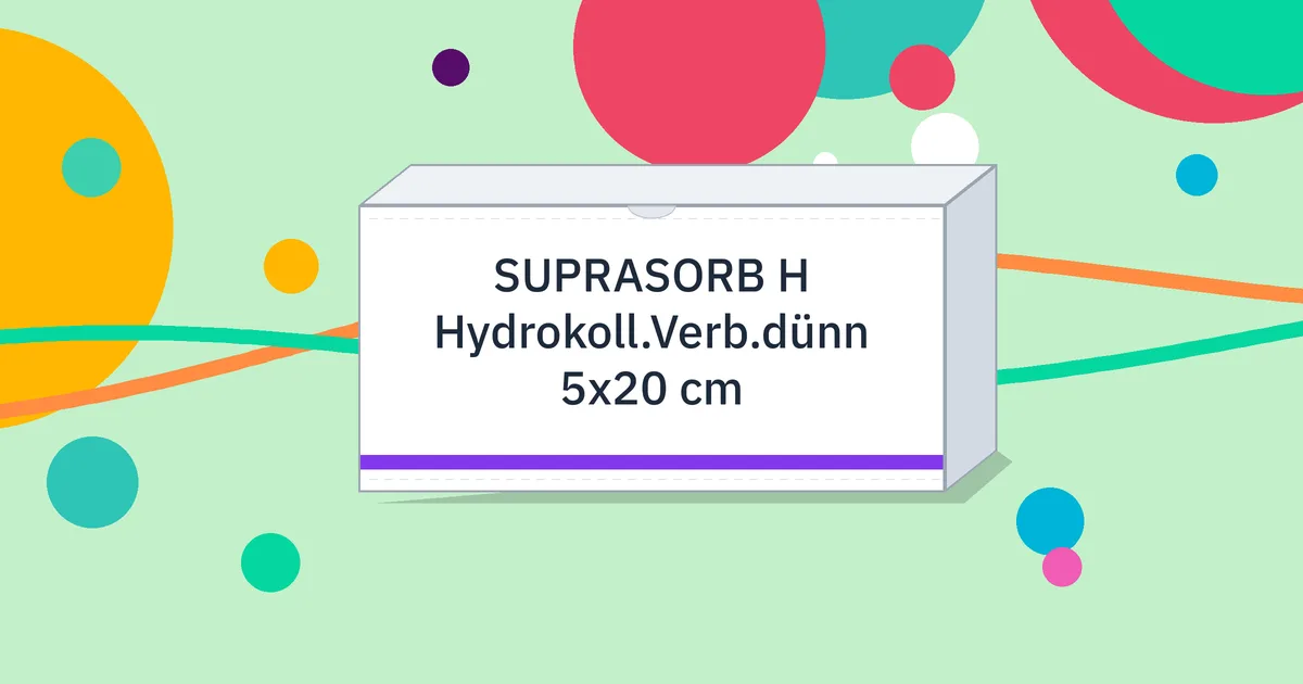 Symbolbild: Packung mit der Aufschrift SUPRASORB H Hydrokoll.Verb.dünn 5x20 cm (PZN 13345315) – Verfügbarkeit und Bezug in Apotheken in Frankfurt am Main