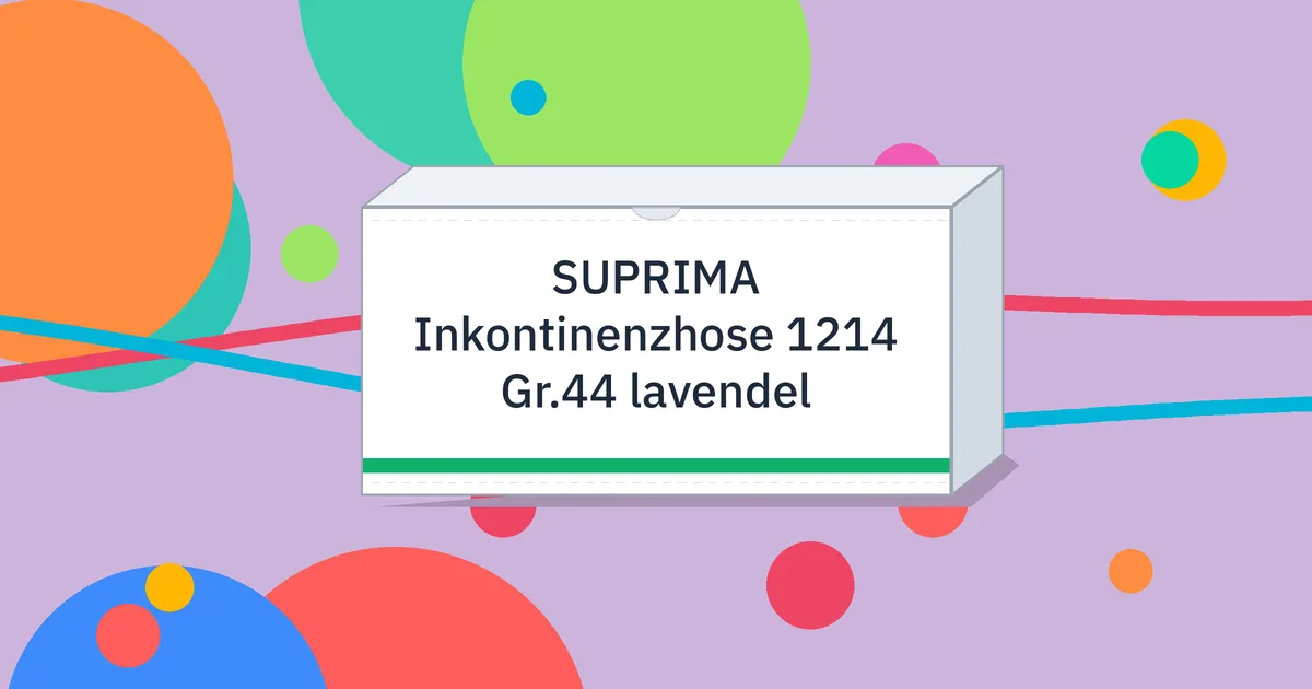 Symbolbild: Packung mit der Aufschrift SUPRIMA Inkontinenzhose 1214 Gr.44 lavendel (PZN 02852316) – Verfügbarkeit und Bezug in Apotheken in Frankfurt am Main